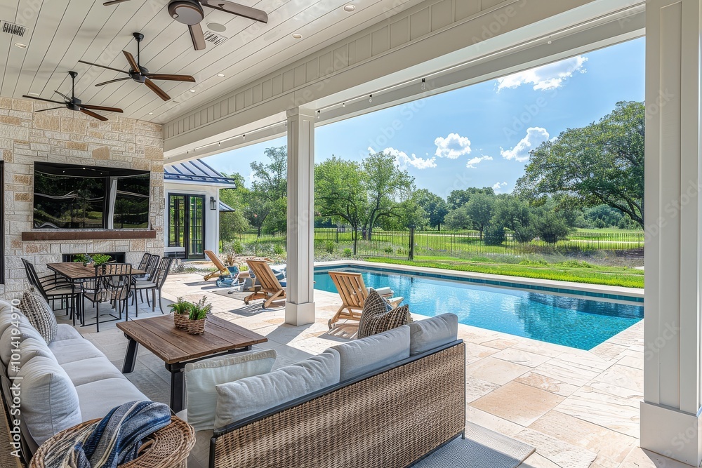 Large open porch with TV, dining table, chairs overlooking pool, modern ...