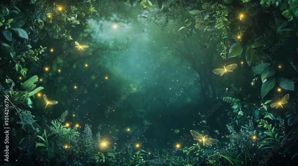 Mystical border of an enchanted forest with glowing fireflies, creating ...