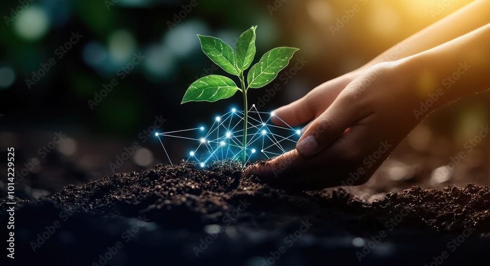 A hand carefully plants a sapling in the soil, with a digital network ...