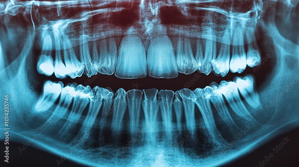 Dental X-ray showing upper and lower teeth alignment and health. Stock ...