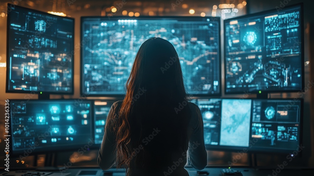 Within a high-tech command center of the future, an assured female spy ...