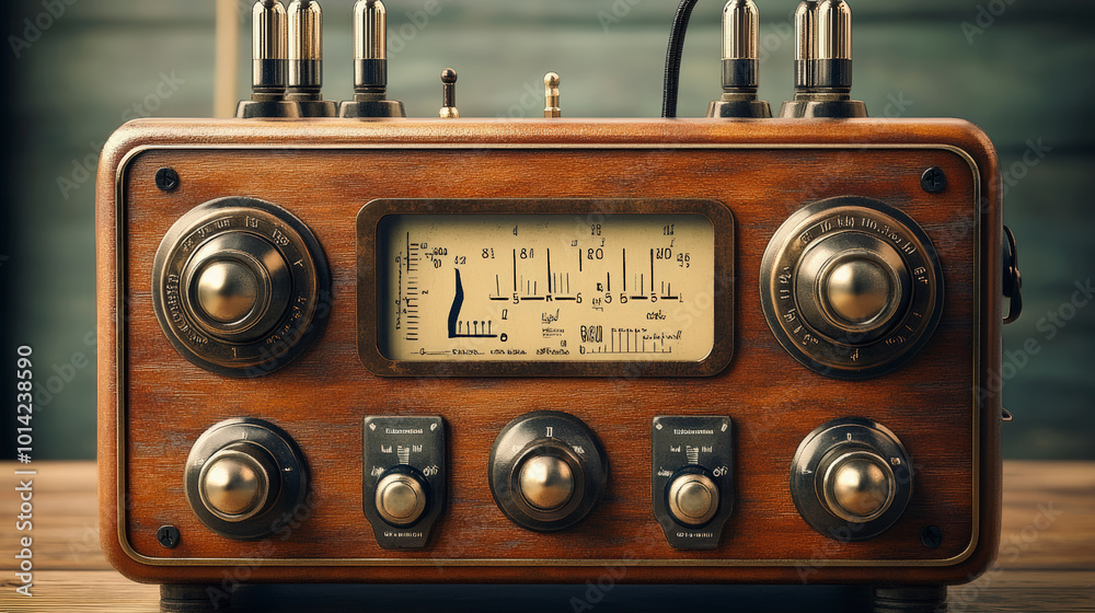 A vintage wooden radio with multiple dials and switches, displaying a ...