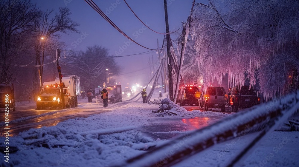 Ice storm paralyzing a city, with downed power lines and roads blocked ...
