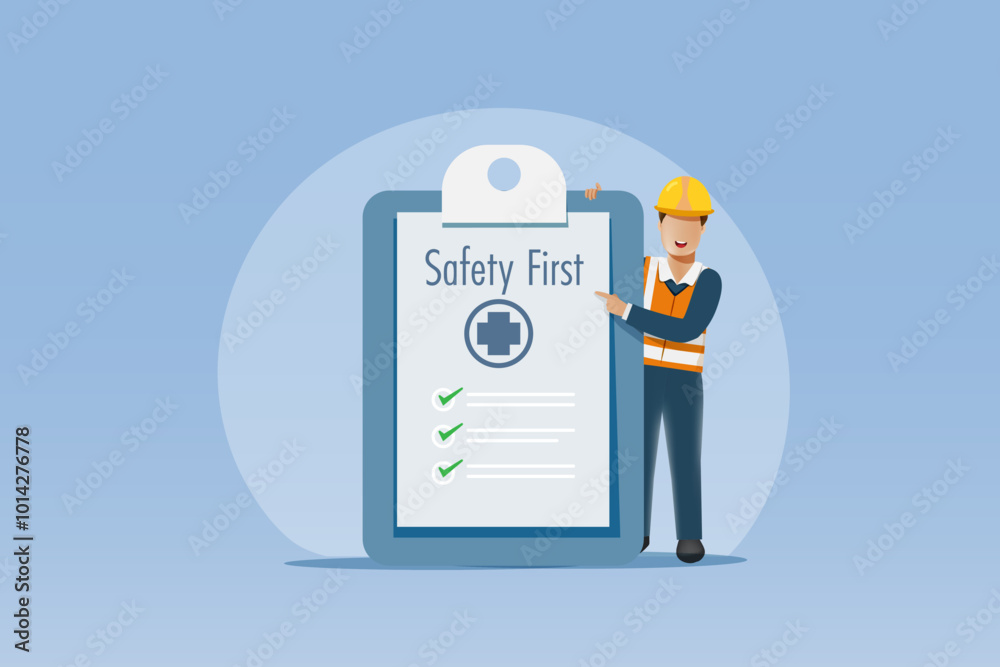 Construction worker points at safety first check list board. Safety ...