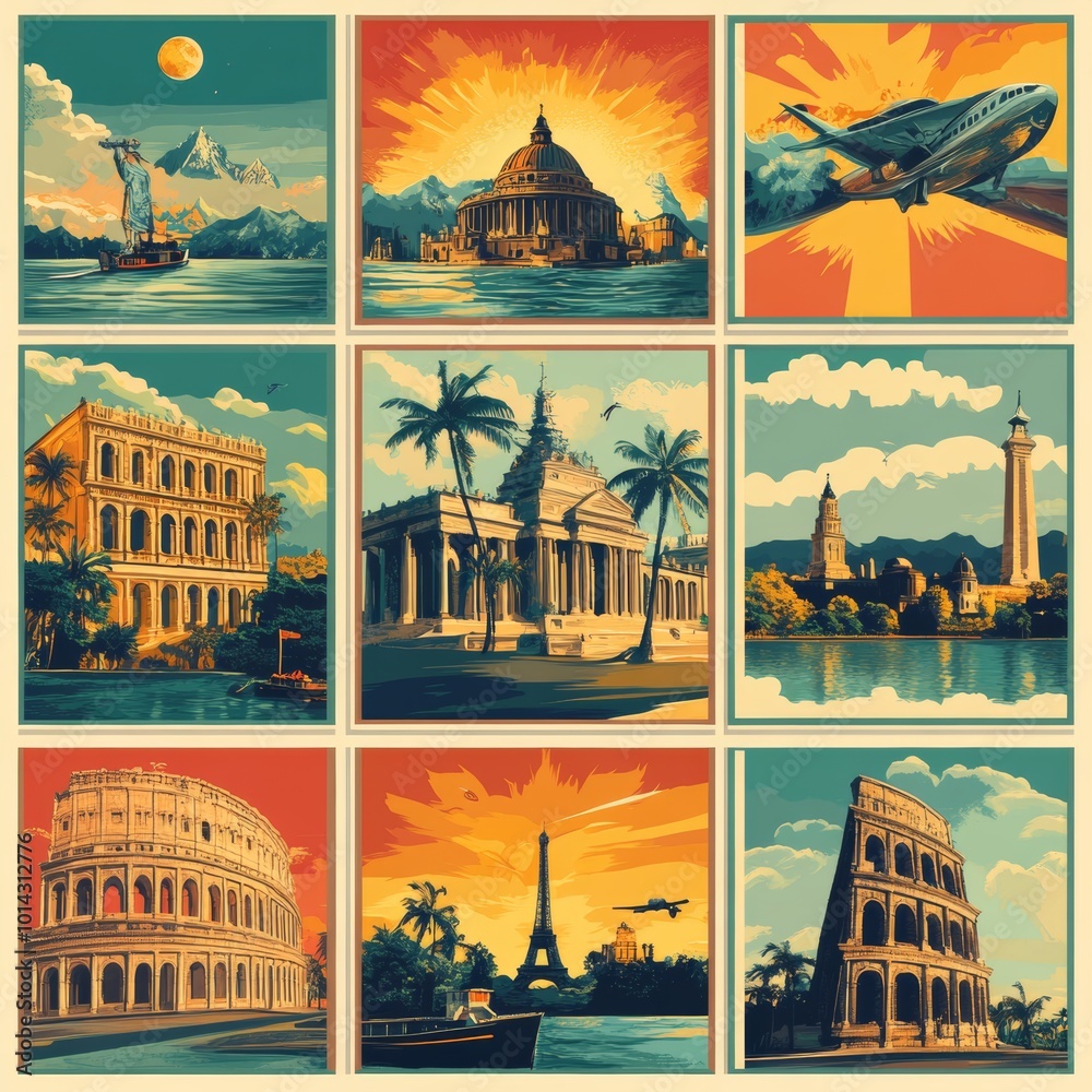 Vintage Travel Posters Collage Famous Landmarks World Architecture ...