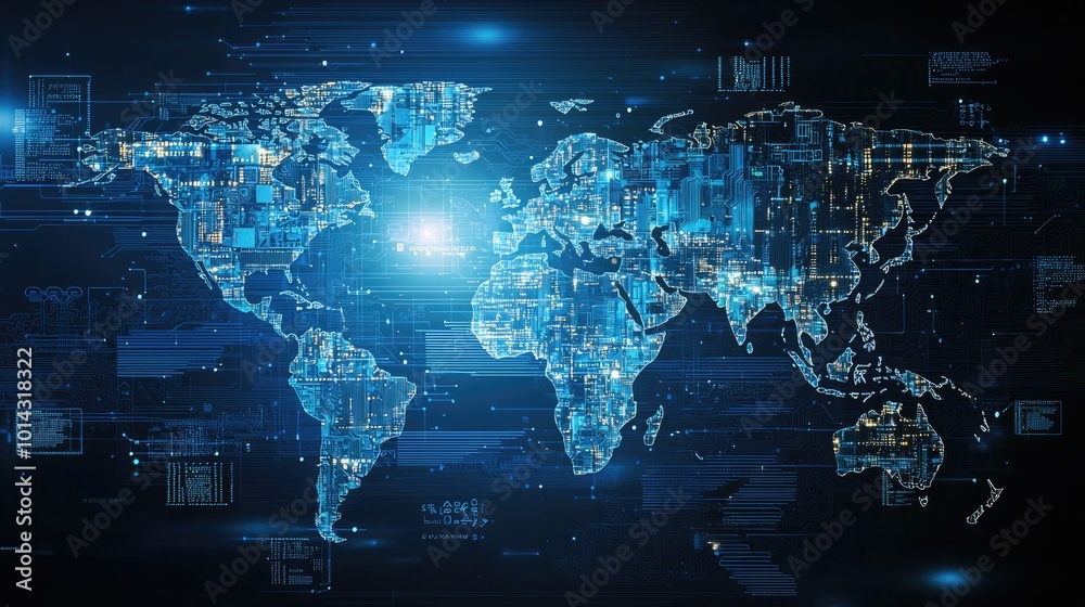 Tech geography: world map crafted from microchips, global interconnectedness in digital age ...