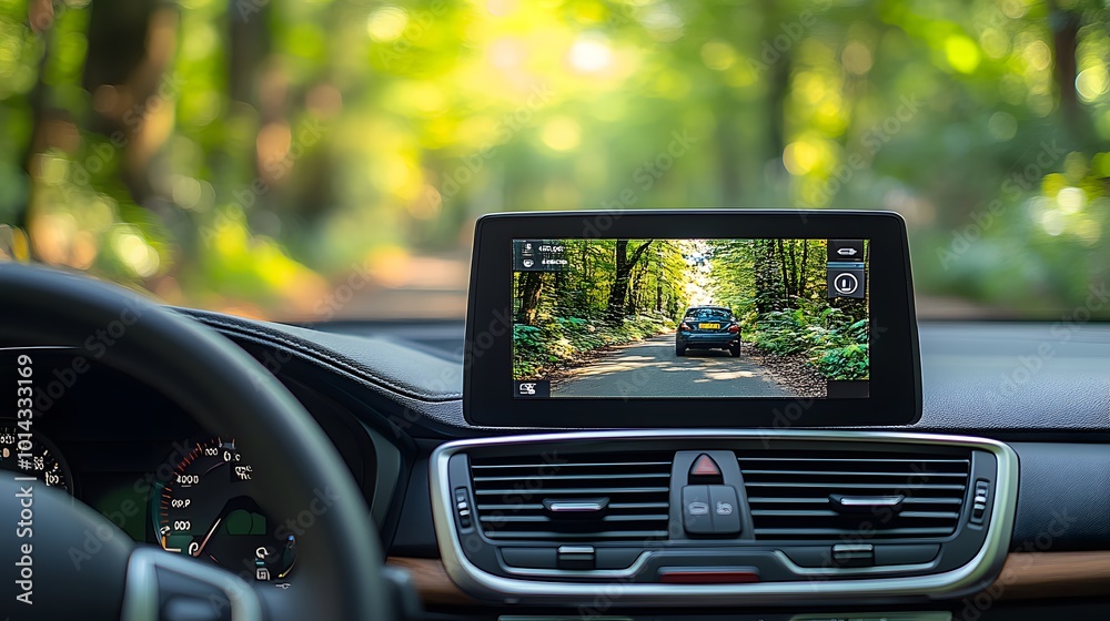 Rearview camera system in a modern car displaying a 360-degree view for ...