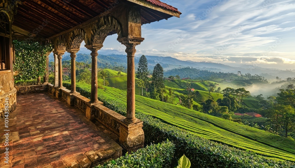 Overlooking Sri Lankan tea gardens, a colonial pergola stands ...
