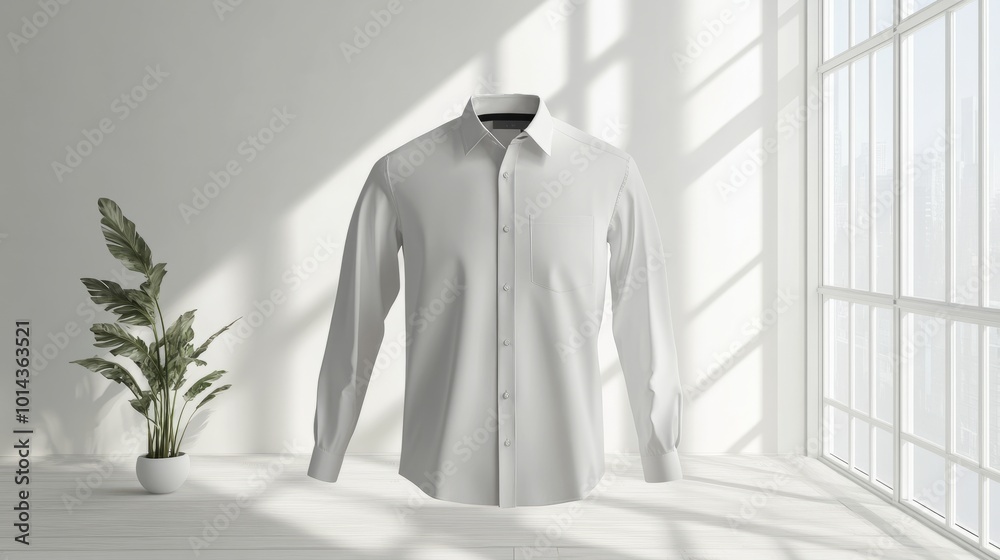 Collared shirt mockup, front view in white, long sleeves, plain t-shirt ...