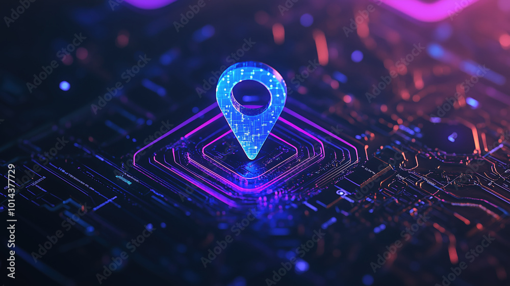 Digital map display with location pin on circuit board background Stock ...
