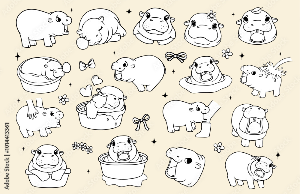 Cute Grumpy Baby Pygmy Hippo Playful Bouncy Pig coloring image Cartoon ...