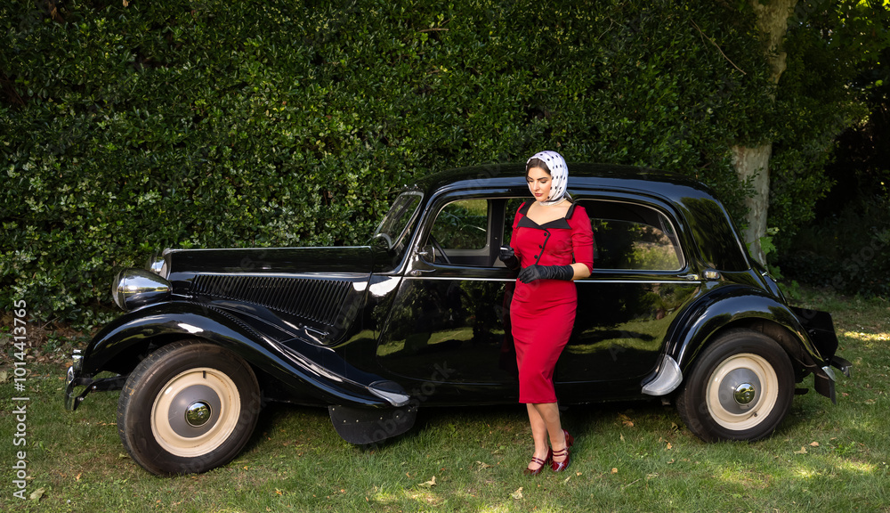 1940s Lady with antique car Stock Photo | Adobe Stock