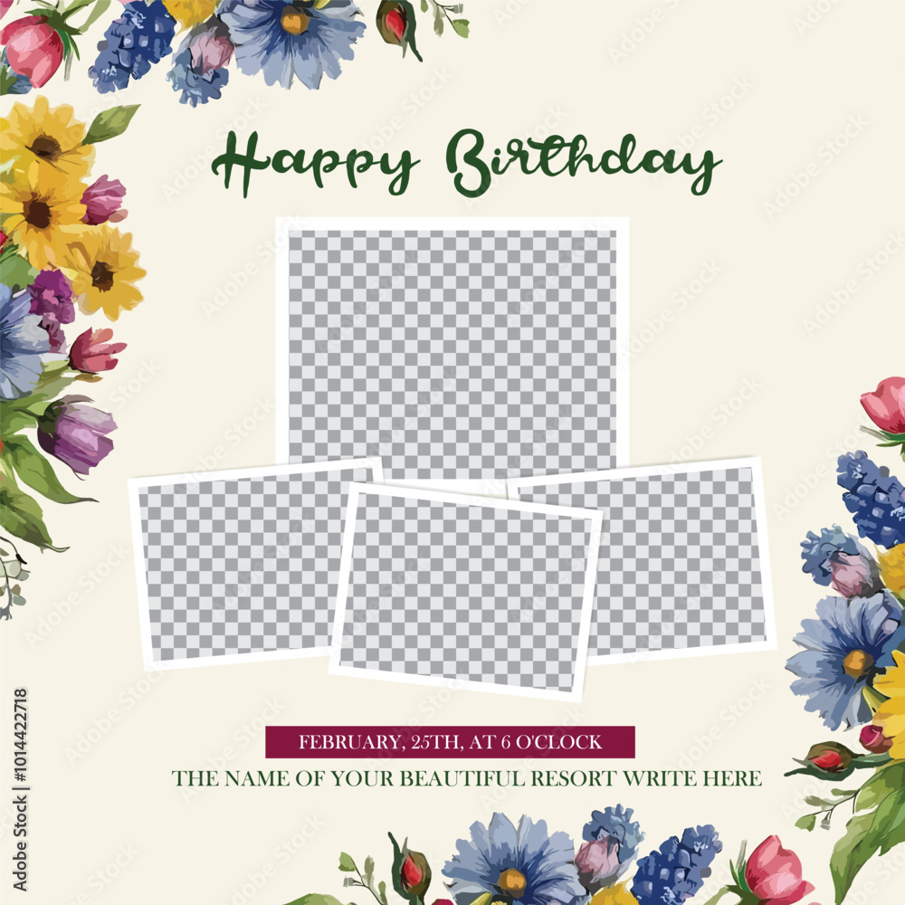 Happy birthday photo fame social media post birthday card design set ...