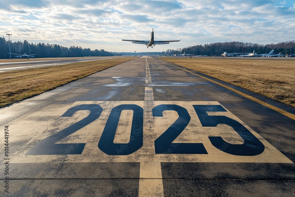 "2025" numbers on runway with take off airplane with generative ai ...