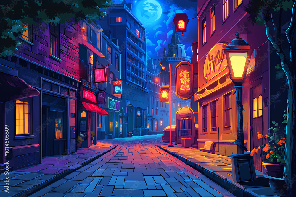 Night City Illustration. Fantasy Urban Backdrop. Concept Art. Realistic ...