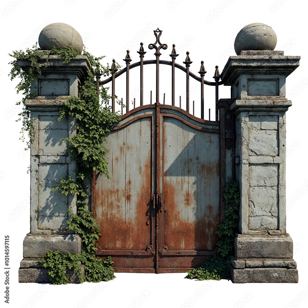 Old fashioned gothic fence and gate on isolated transparent background ...