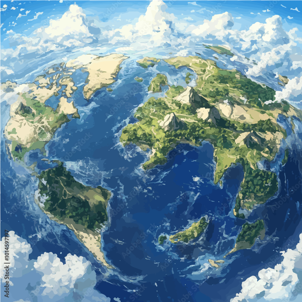 A beautifully crafted world map in anime style, featuring detailed ...