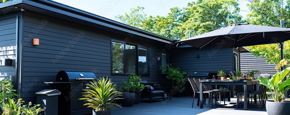 Charcoal house with graphite vinyl siding, a monochrome patio with a ...