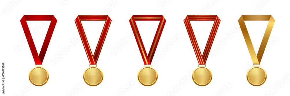 Gold medal with red ribbon first place vector illustration set ...