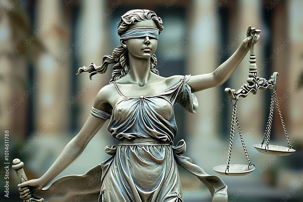 Blind justice statue. concept of woman in blindfold holding sword and scales in hand, close-up ...