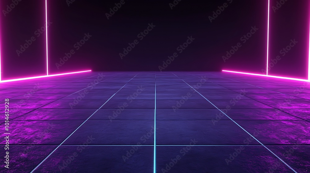 A dark room with a tiled floor and two pink neon lines on each side and ...