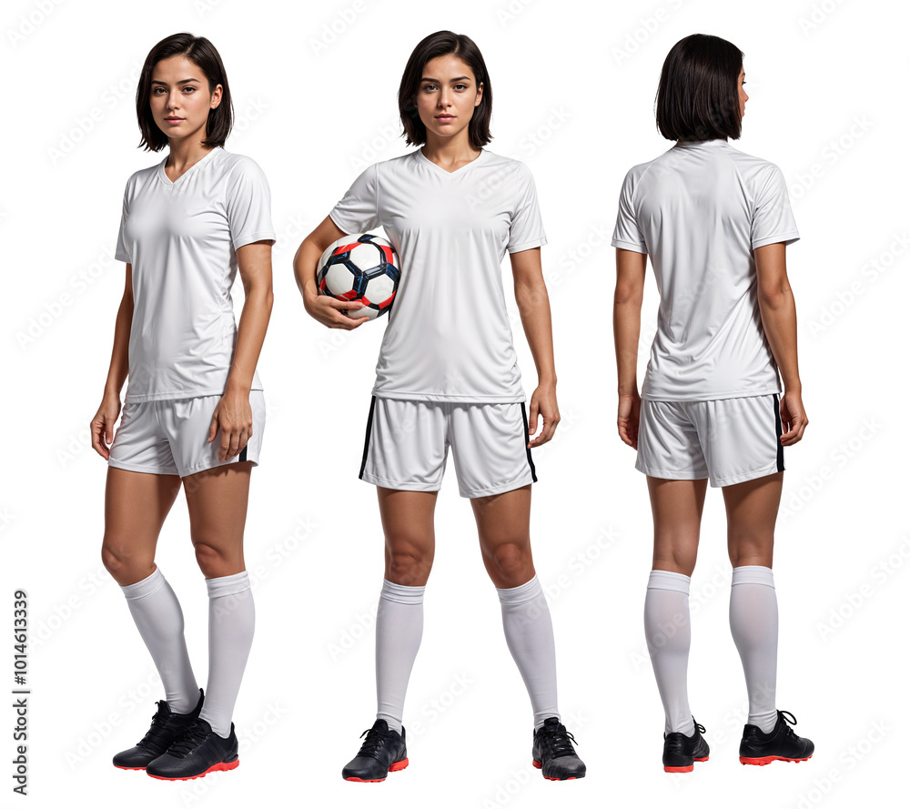 Female soccer player in plain white jersey, multiple mockup angle with ...