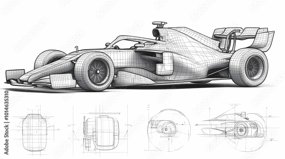set of racing car line art draw blueprint wireframe from all side view ...