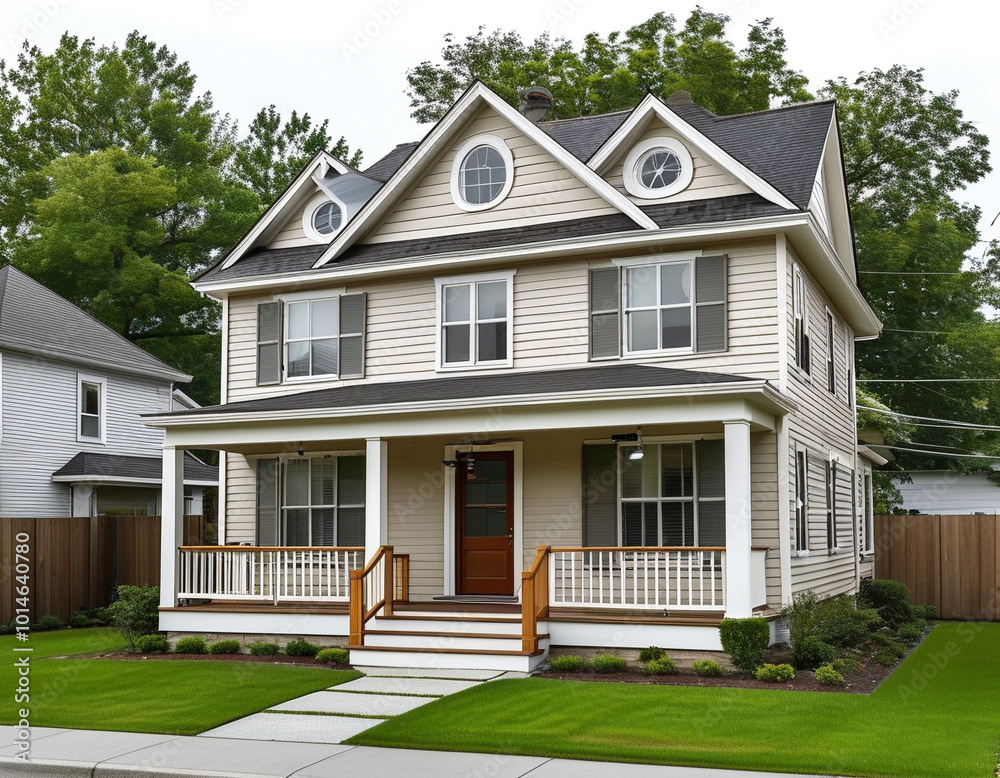 A traditional two-story duplex with a shared, covered front porch ...