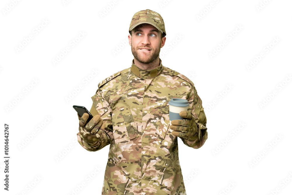 Military man over isolated chroma key background holding coffee to take ...