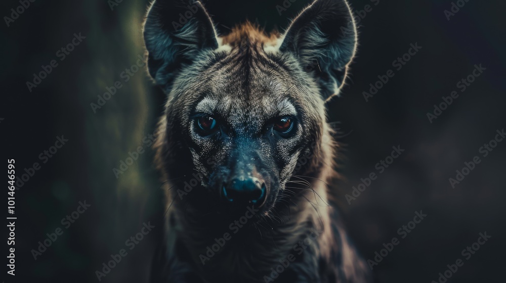Close-up portrait of a hyena with an intense gaze, captured in moody ...