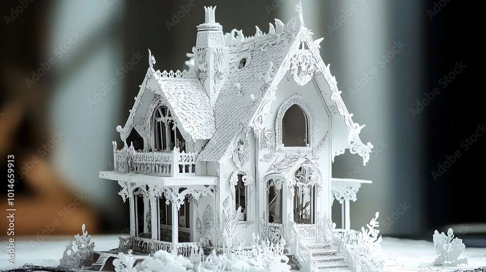 An intricately designed white paper model of a Victorian-style house ...