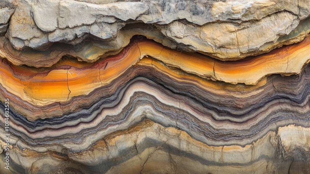 Sedimentary rock layers exposed in a canyon wall, showcasing millions ...