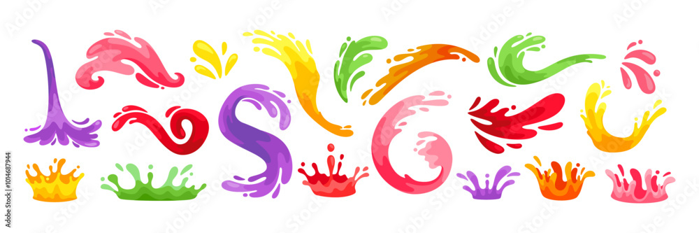 Juice splash. Cartoon drink splatters. Color fruit, vegetable, orange ...
