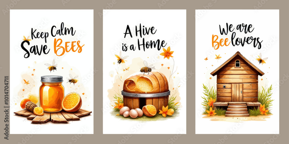Bee-Themed Posters with Inspirational Quotes and Illustrations Stock ...
