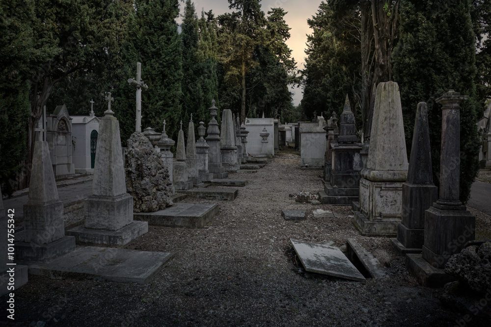 Creepy old cemetery at dark sunset Stock Photo | Adobe Stock