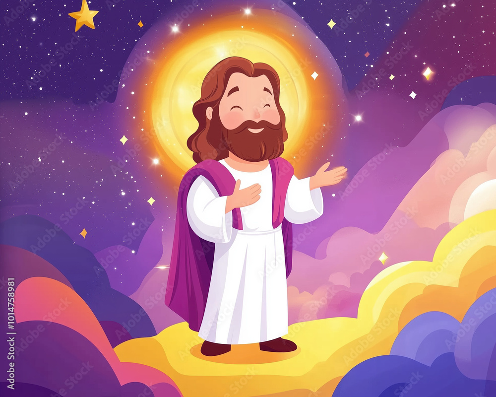 Whimsical Cartoon Frame Showcasing Jesus with Celestial Aesthetic for ...