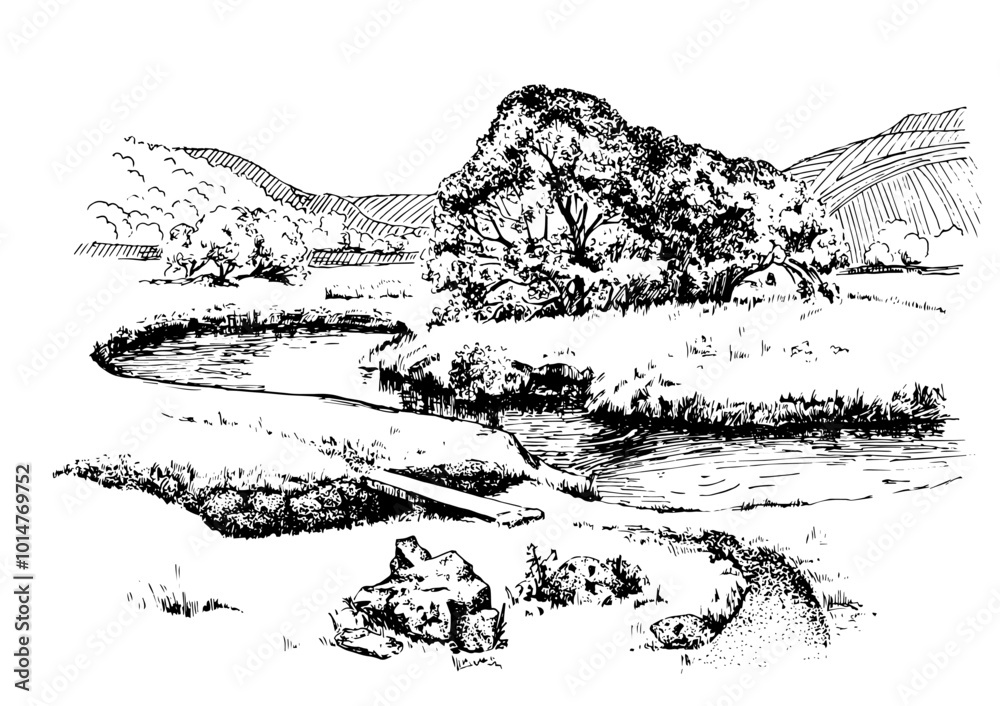 Panorama of countryside landscape with river. Pen sketch converted to ...