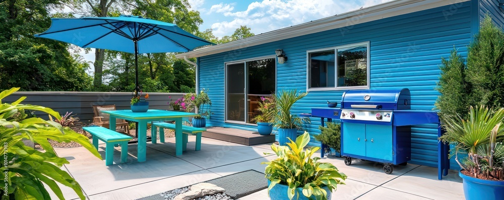Electric blue house with neon blue vinyl siding, a vibrant patio with ...