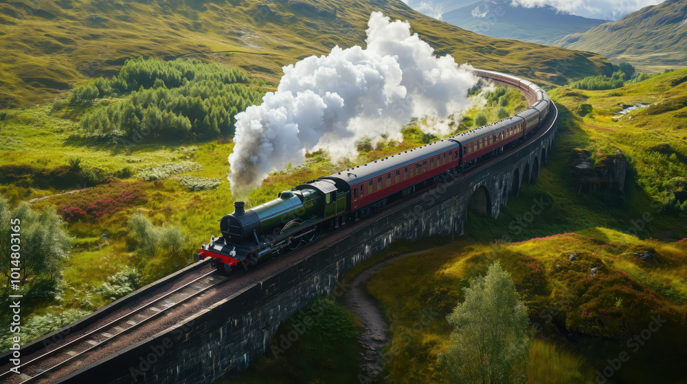 Aerial View of the Iconic Jacobite Steam Train Crossing Scenic Viaduct ...