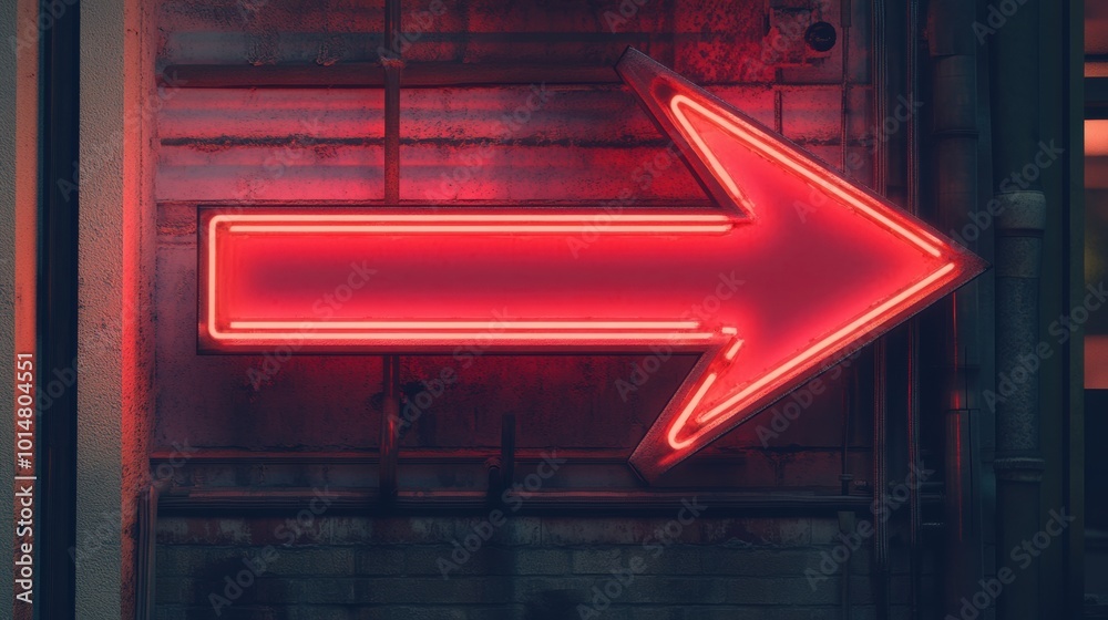 Red neon chevrons arranged in an arrow formation, vibrant glow, urban ...