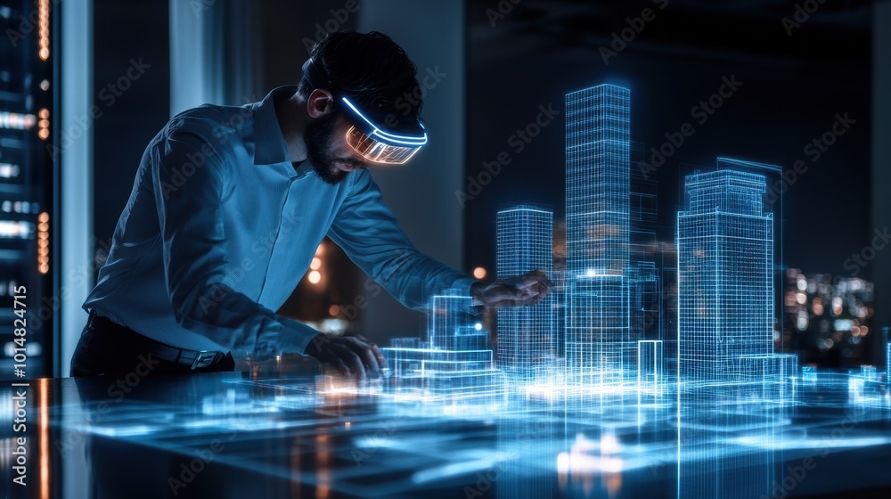 An augmented reality architect designs glowing structures in a futuristic cityscape using AR ...