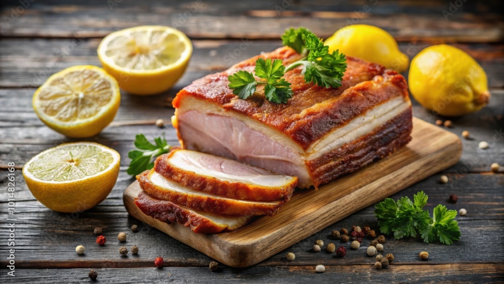 Crispy pork belly with lemon halves on table, crispy, pork belly, deep ...