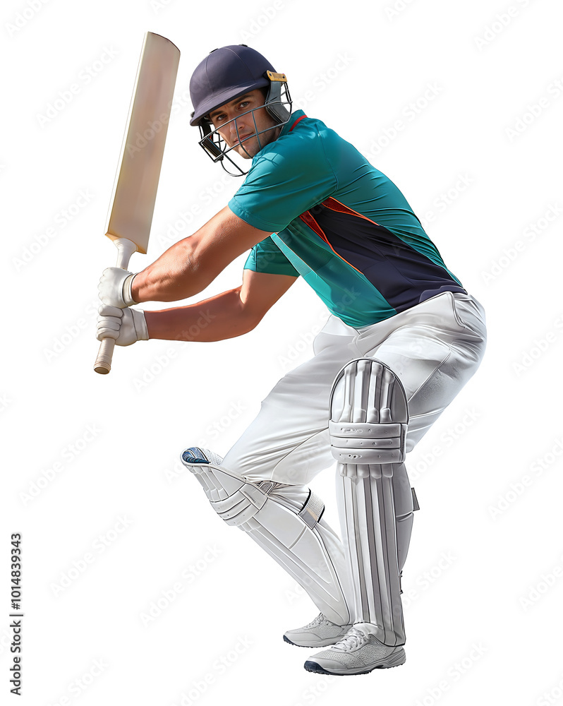 Cricket batter in swing motion to hit a ball on isolated background ...