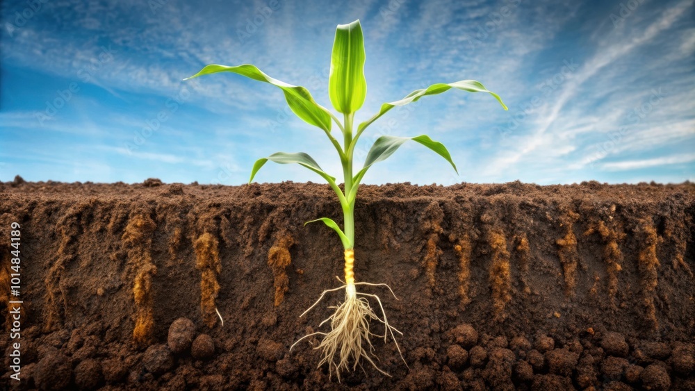 Maize corn plant growing in soil, roots exposed, showing plant ...