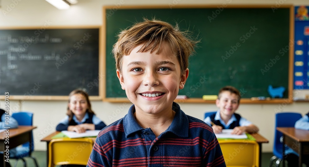 Australian kid boy smiling portrait on school classroom background ...