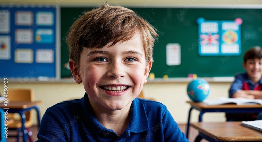 British kid boy smiling portrait on school classroom background Stock ...