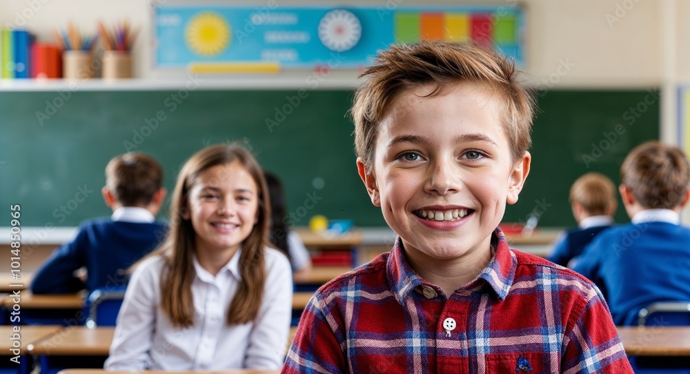 British kid boy smiling portrait on school classroom background Stock ...