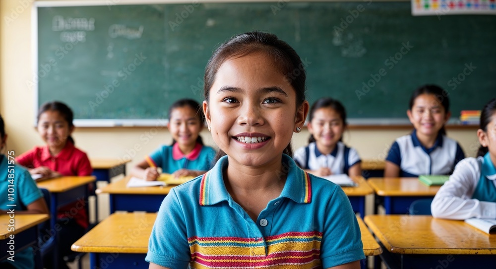 Filipino kid girl smiling portrait on school classroom background Stock ...