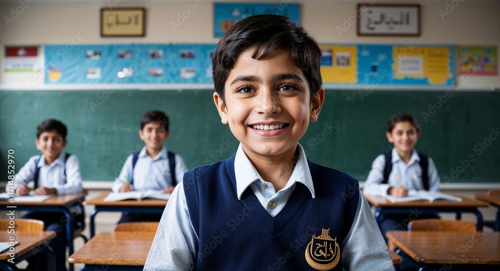 Saudi kid boy smiling portrait on school classroom background Stock ...