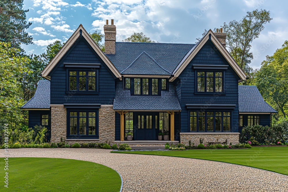 Home exterior rendering in muted indigo accents, with traditional ...